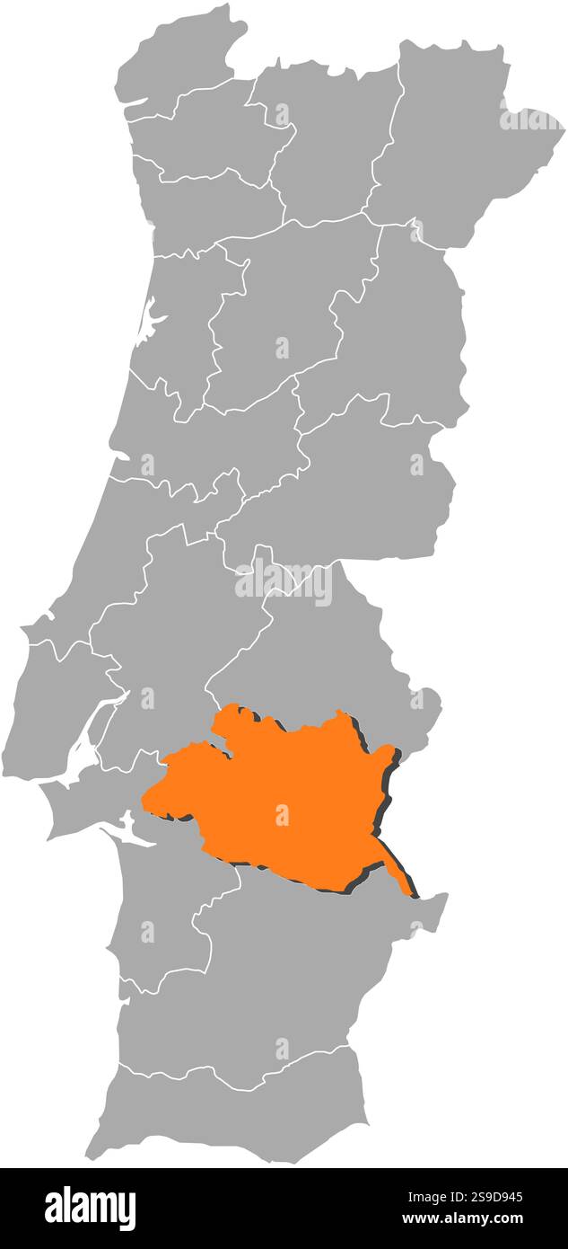 Map of Portugal with the provinces, Evora is highlighted by orange ...