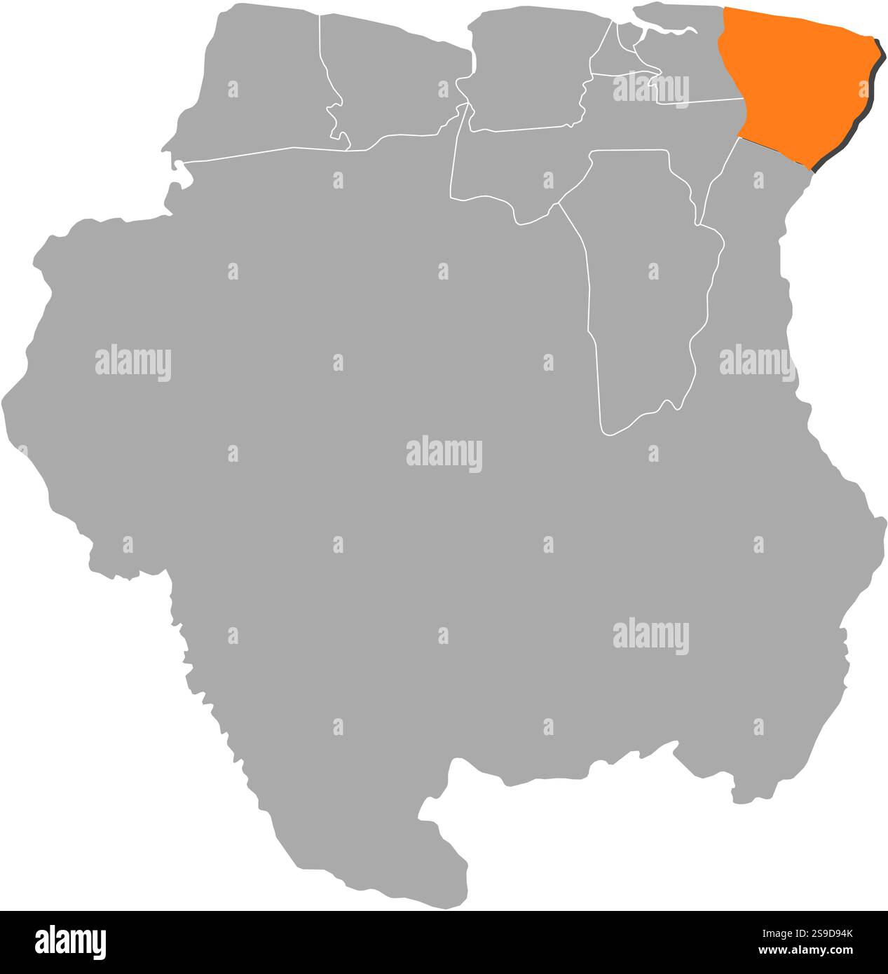 Map of Suriname with the provinces, Marowijne is highlighted by orange ...