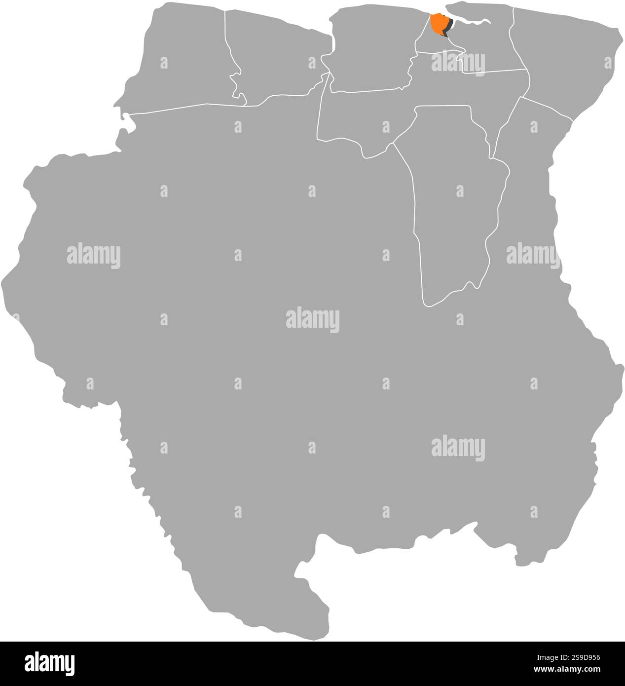 Map of Suriname with the provinces, Paramaribo is highlighted by orange ...