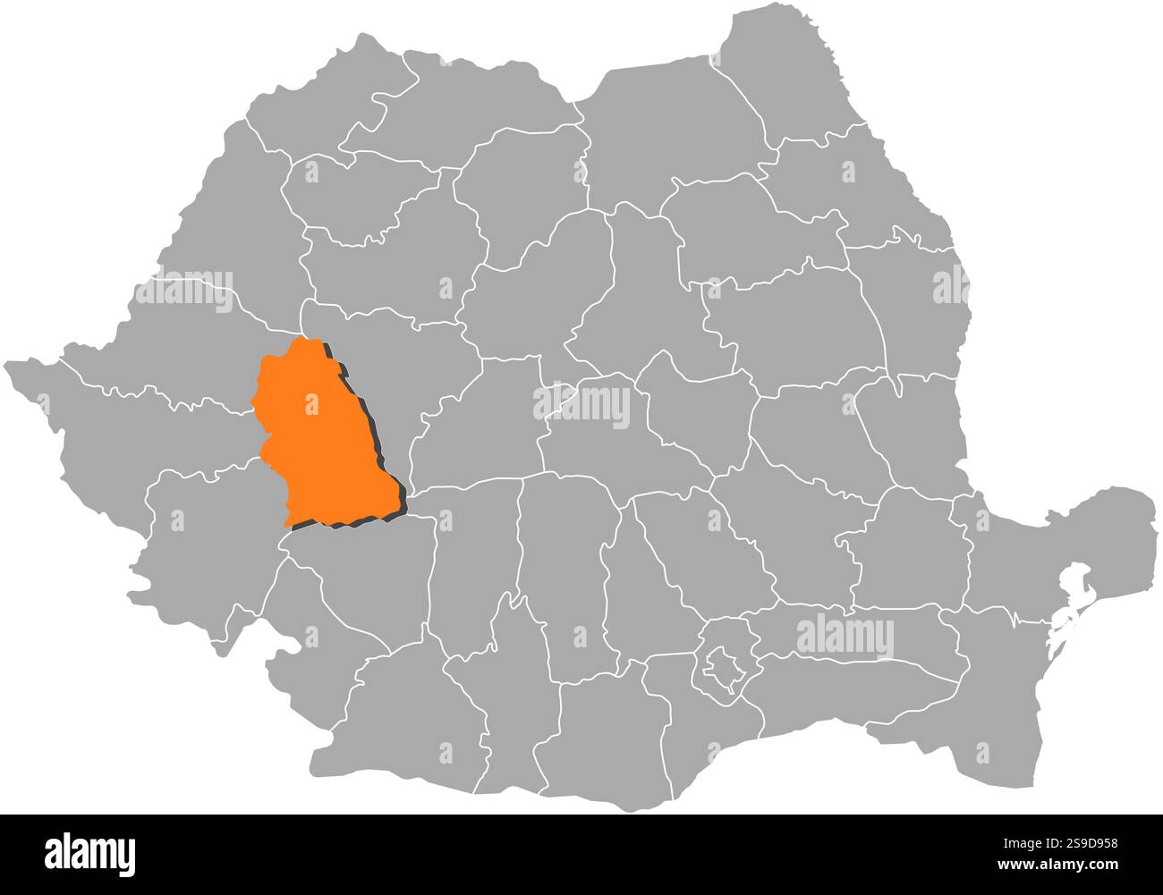 Map of Romania with the provinces, Hunedoara is highlighted by orange ...