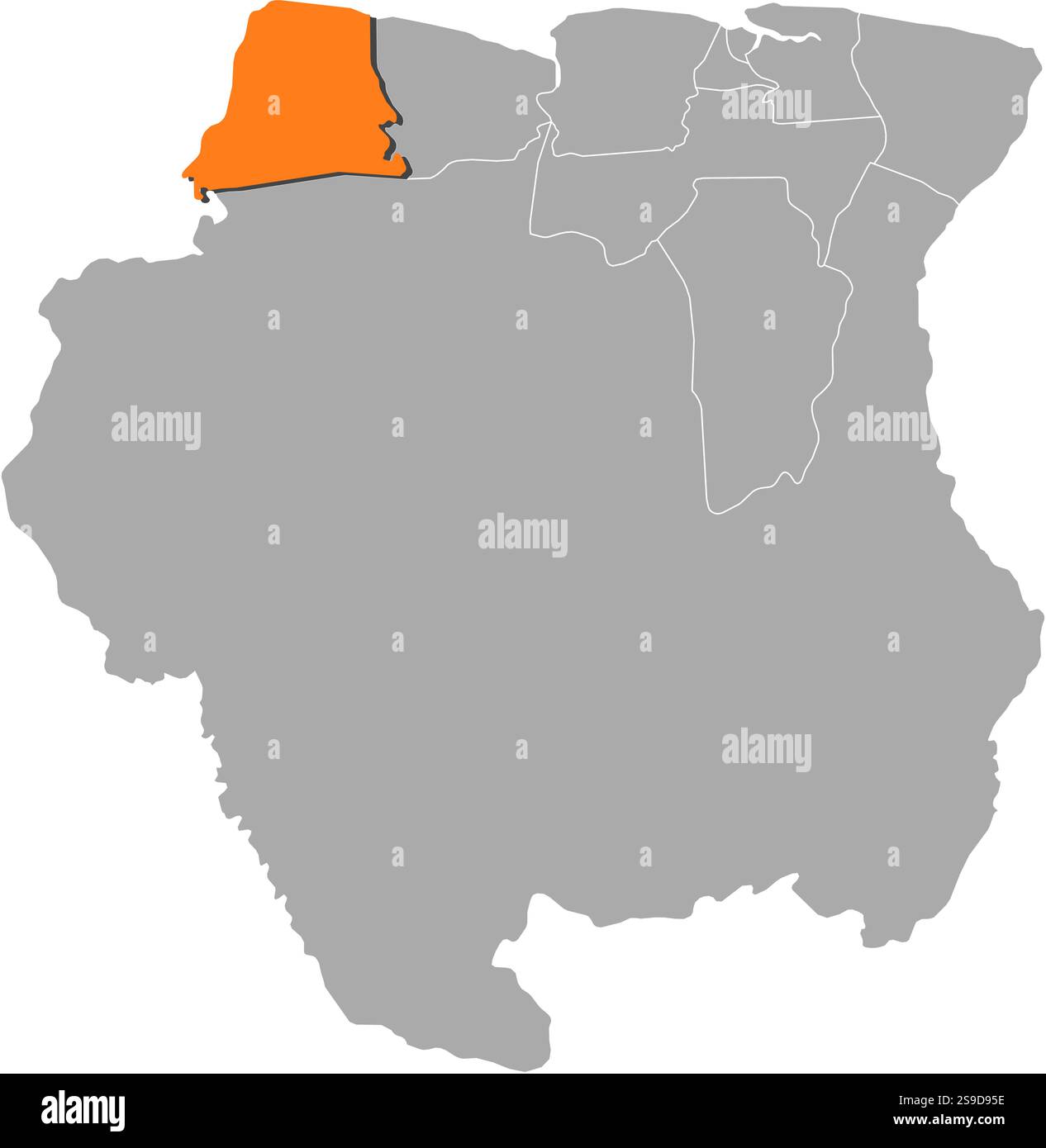 Map of Suriname with the provinces, Nickerie is highlighted by orange ...