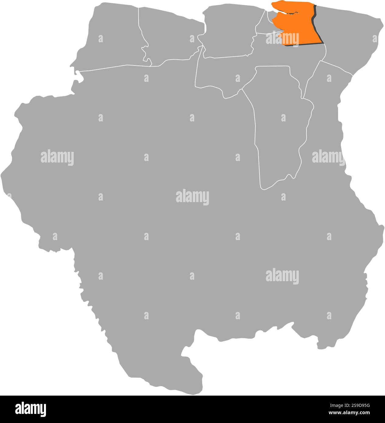 Map of Suriname with the provinces, Commewijne is highlighted by orange ...
