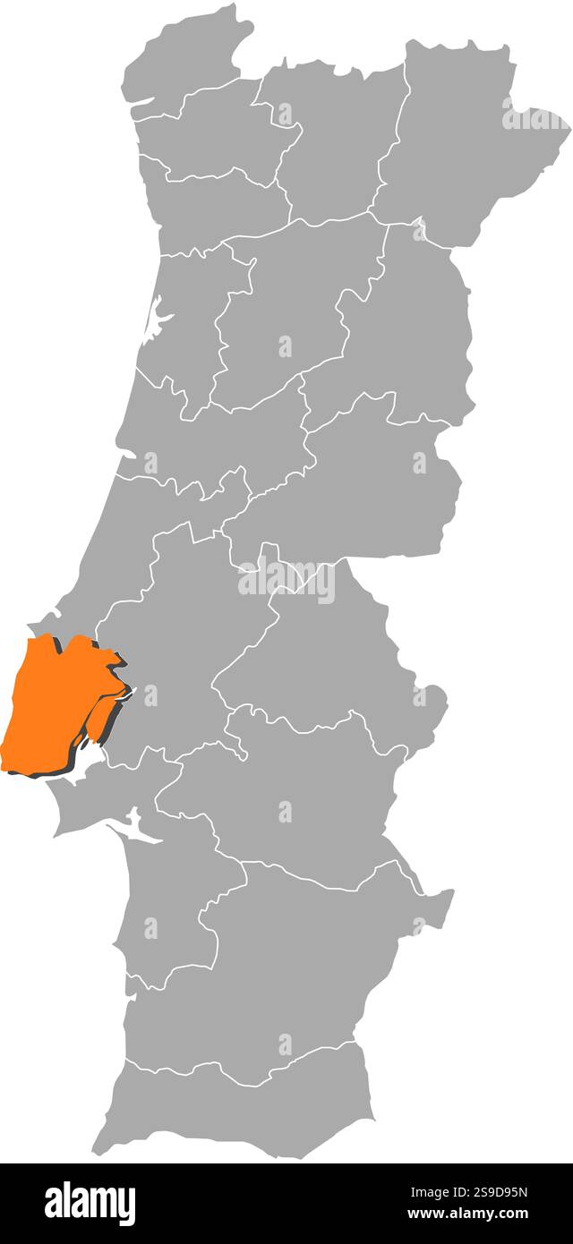 Map of Portugal with the provinces, Lisbon is highlighted by orange ...