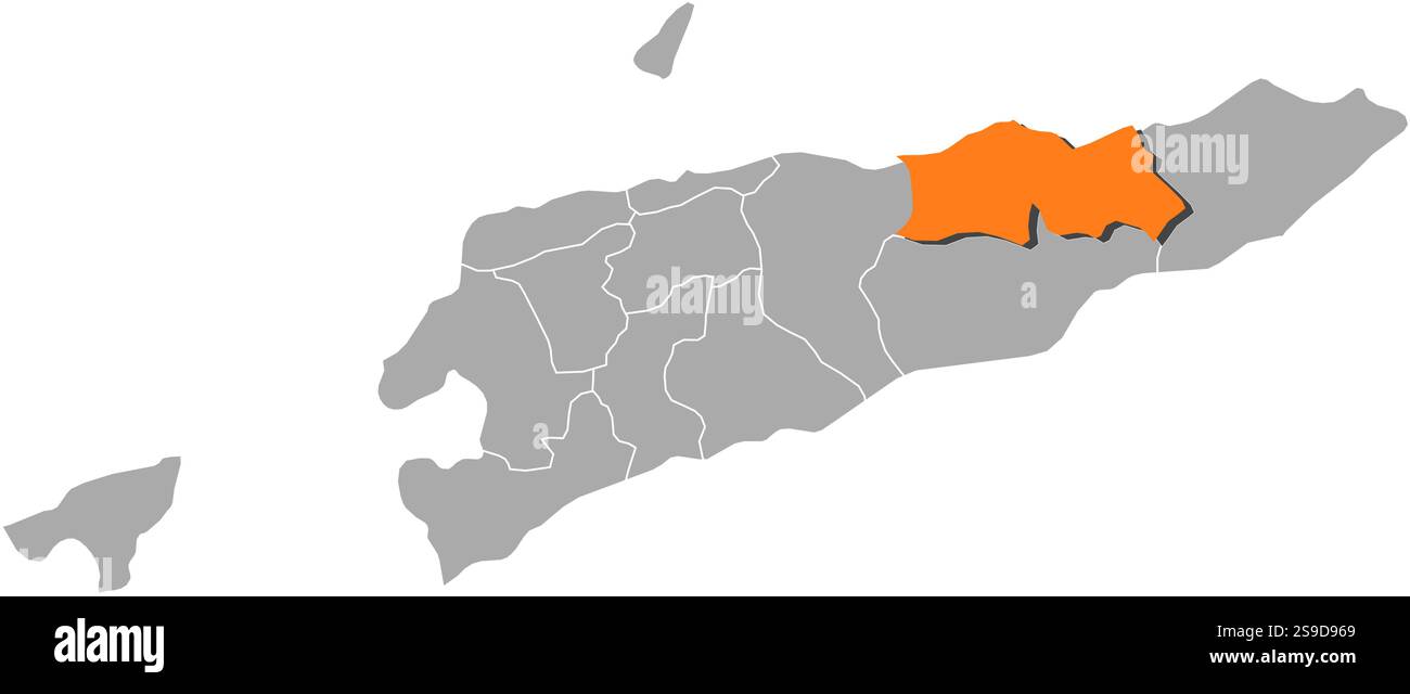 Map of East Timor with the provinces, Baucau is highlighted by orange ...