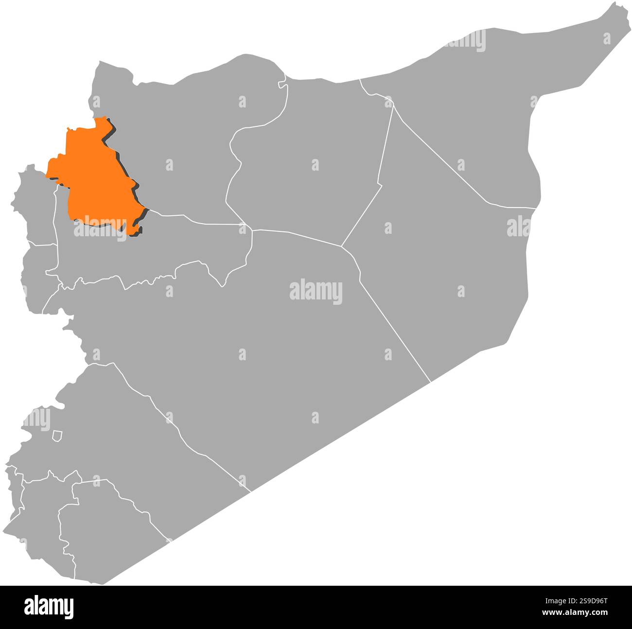 Map of Syria with the provinces, Idlib is highlighted by orange Stock ...