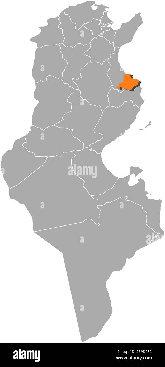 Map of Tunisia with the provinces, Monastir is highlighted by orange ...