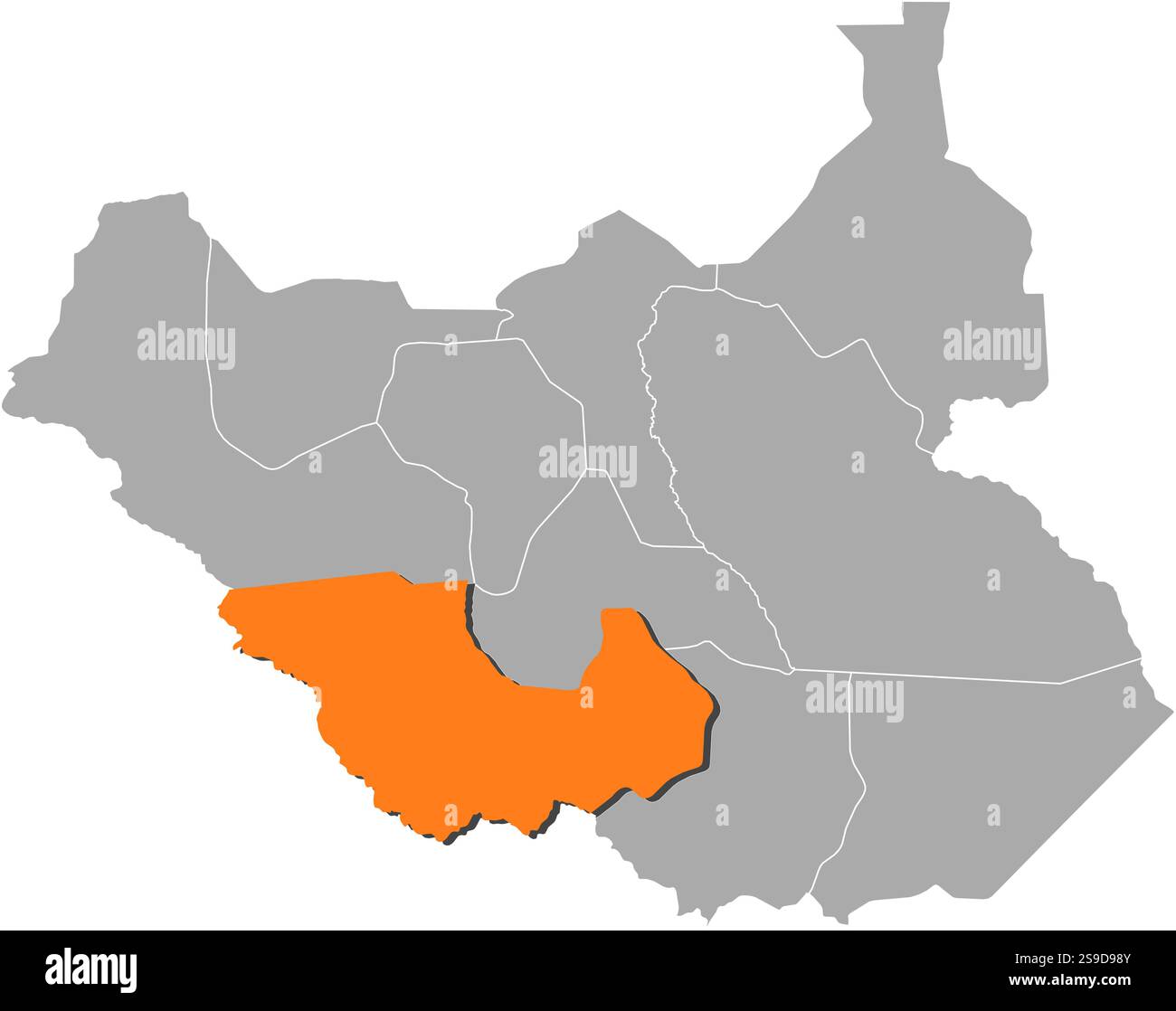 Map of South Sudan with the provinces, Western Equatoria is highlighted ...