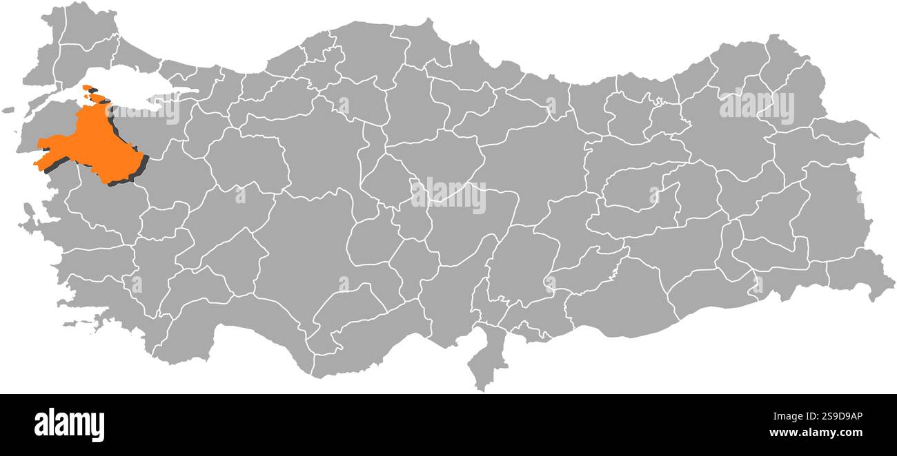 Map of Turkey with the provinces, Balikesir is highlighted by orange ...