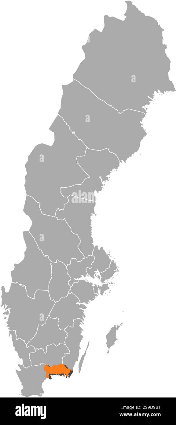 Map of Sweden with the provinces, Blekinge County is highlighted by ...