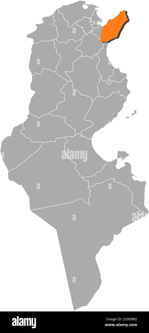 Map of Tunisia with the provinces, Nabeul is highlighted by orange ...