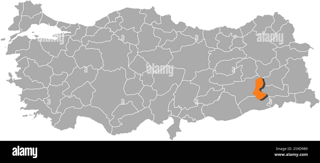 Map of Turkey with the provinces, Batman is highlighted by orange Stock ...