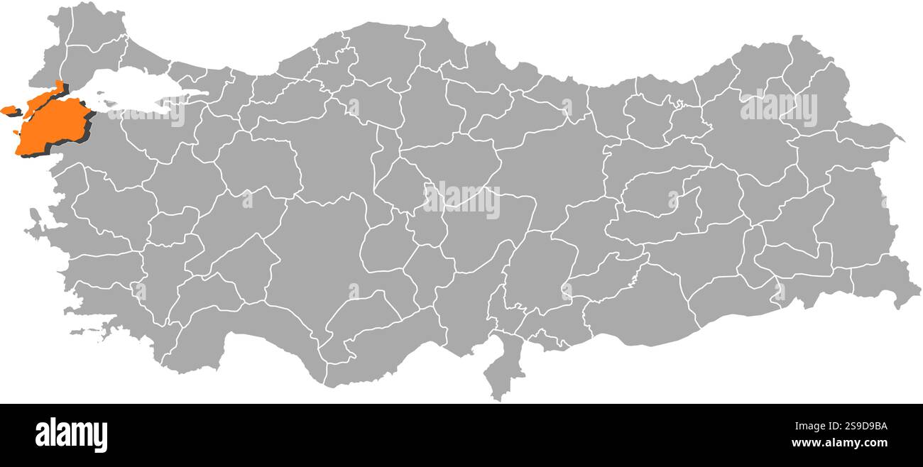Map of Turkey with the provinces, Canakkale is highlighted by orange ...
