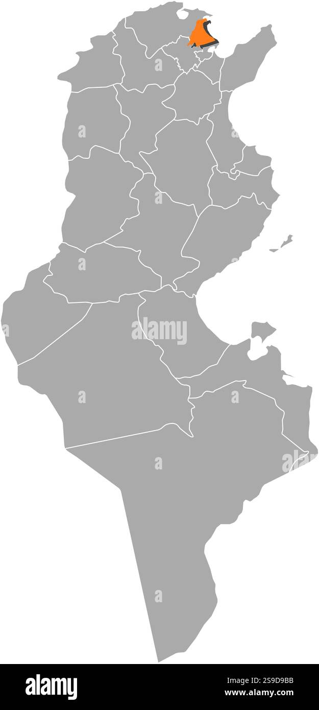 Map of Tunisia with the provinces, Ariana is highlighted by orange ...