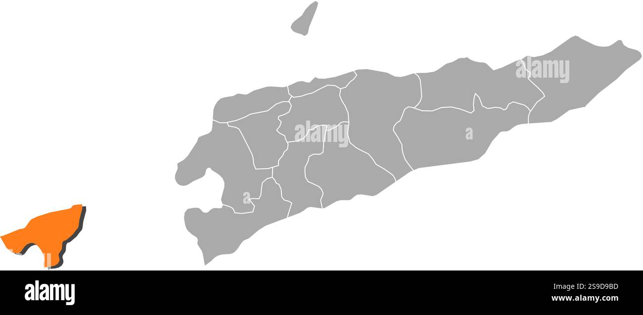 Map of East Timor with the provinces, Oecusse is highlighted by orange ...