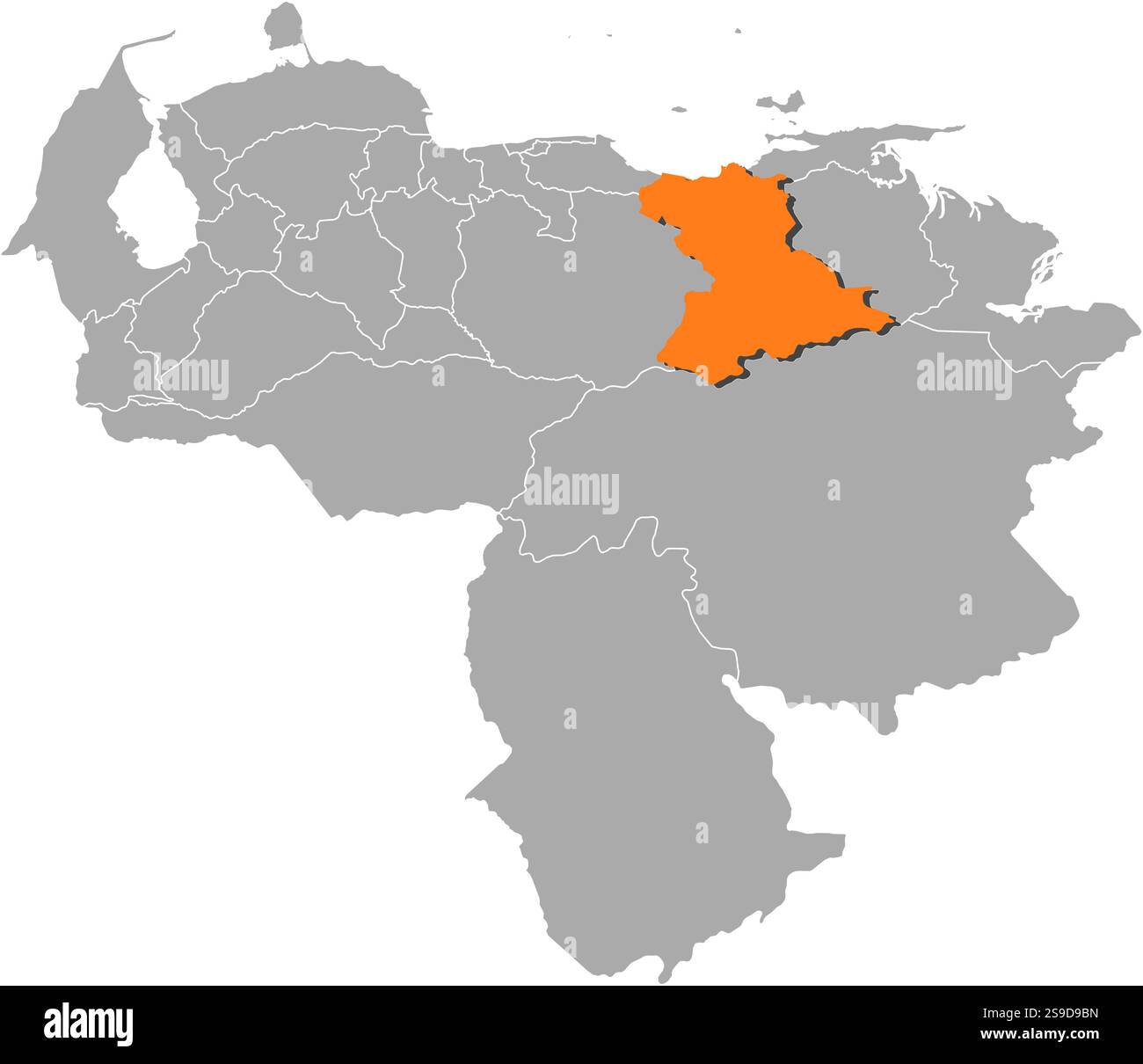Map of Venezuela with the provinces, Anzoategui is highlighted by ...