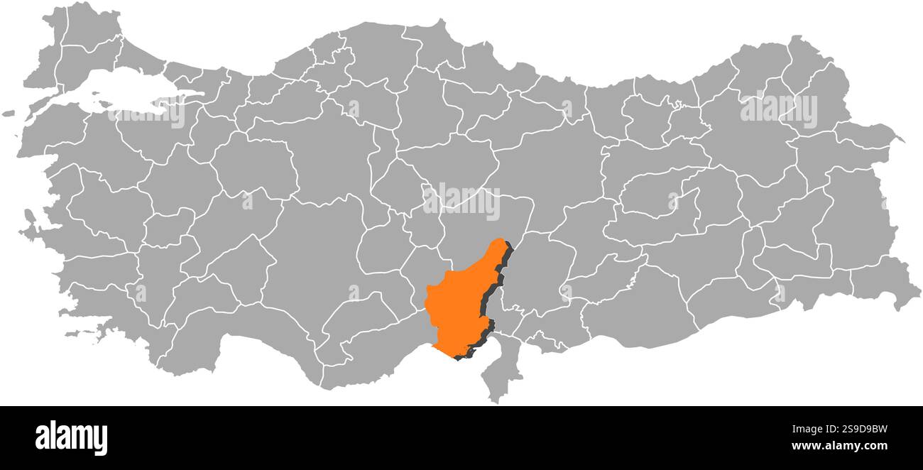 Map of Turkey with the provinces, Adana is highlighted by orange Stock ...