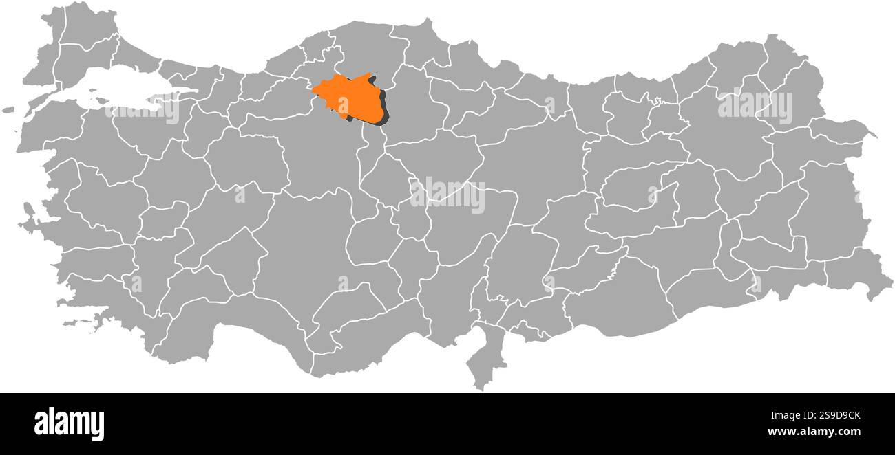 Map of Turkey with the provinces, Cankiri is highlighted by orange ...