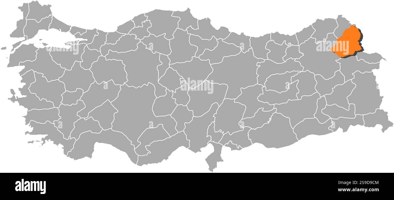 Map of Turkey with the provinces, Kars is highlighted by orange Stock ...