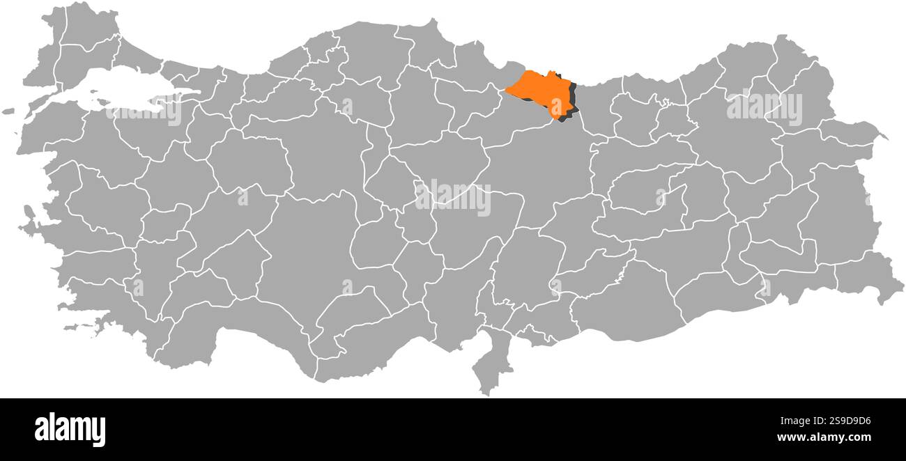 Map of Turkey with the provinces, Ordu is highlighted by orange Stock ...