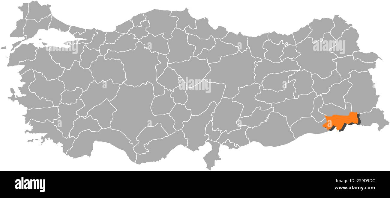 Map of Turkey with the provinces, Sirnak is highlighted by orange Stock ...