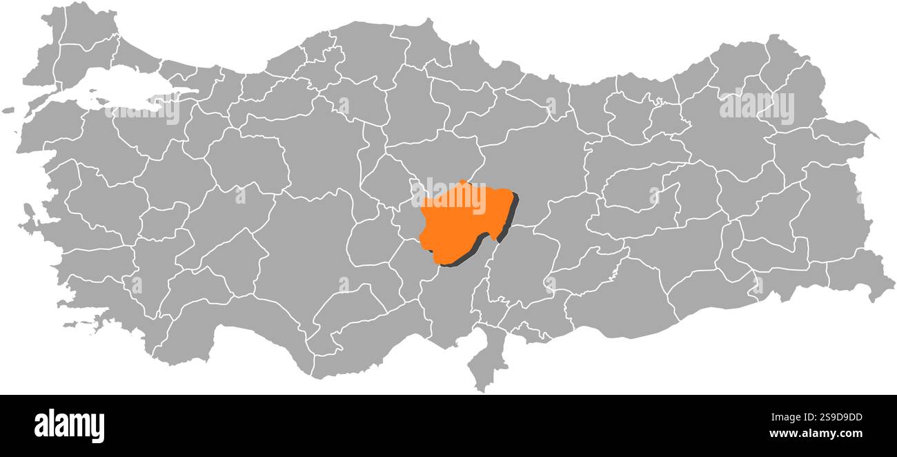 Map of Turkey with the provinces, Kayseri is highlighted by orange ...