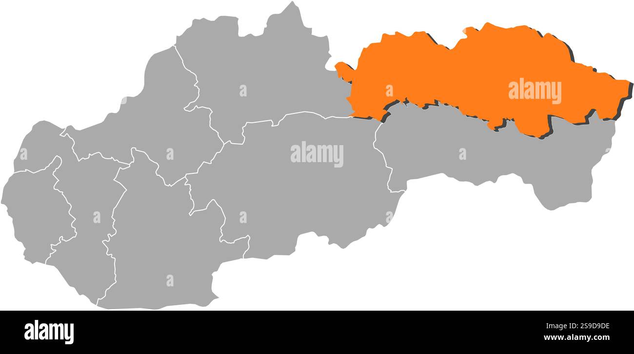 Map of Slovakia with the provinces, Presov is highlighted by orange ...