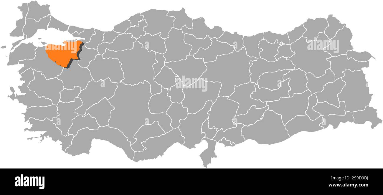 Map of Turkey with the provinces, Bursa is highlighted by orange Stock ...