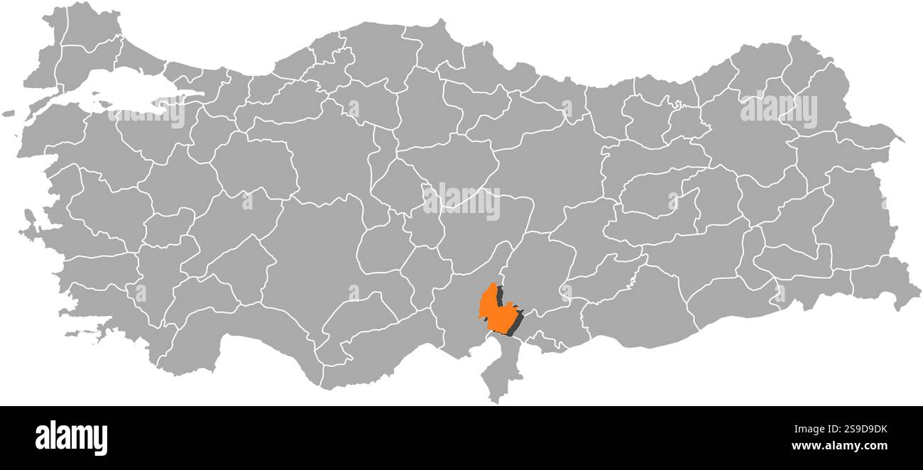 Map of Turkey with the provinces, Osmaniye is highlighted by orange ...