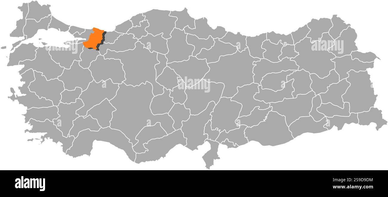 Map of Turkey with the provinces, Sakarya is highlighted by orange ...