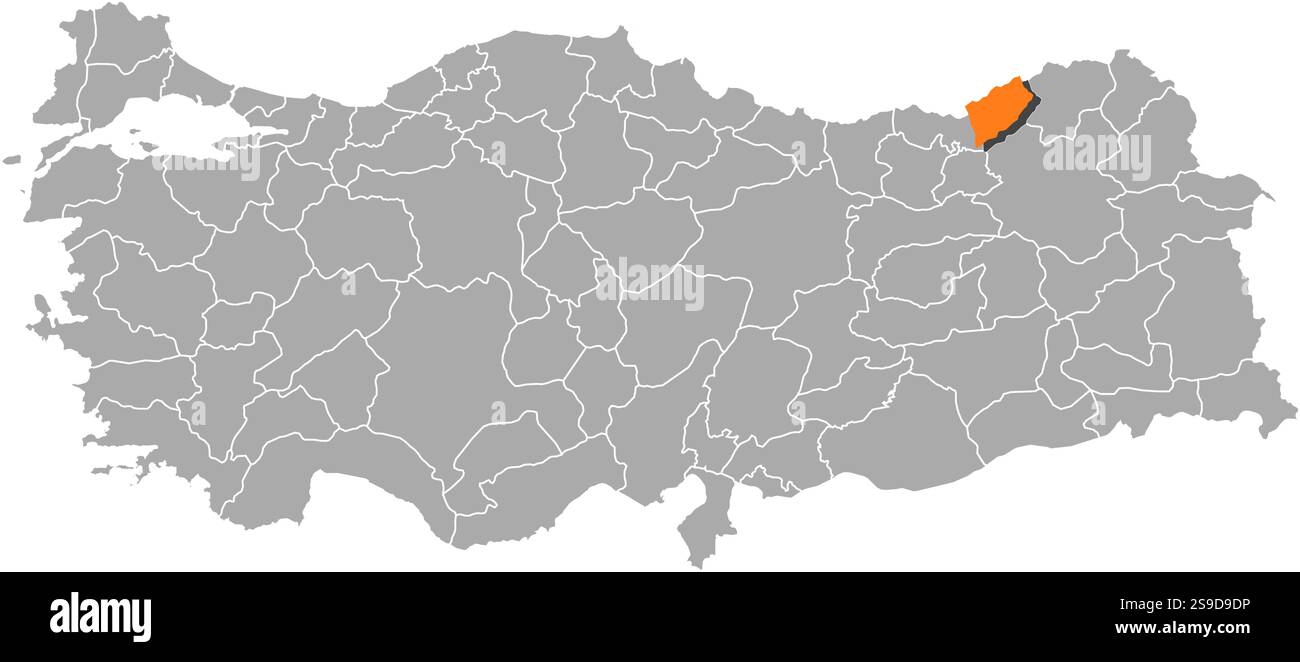 Map of Turkey with the provinces, Rize is highlighted by orange Stock ...