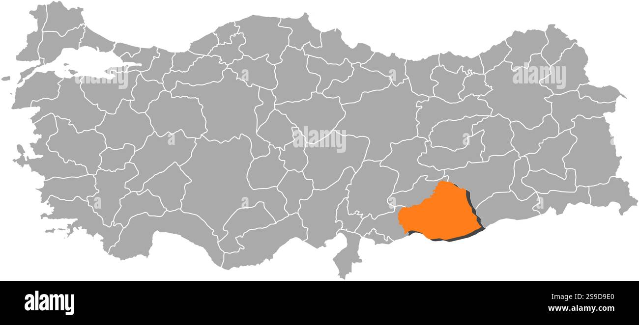 Map of Turkey with the provinces, Sanliurfa is highlighted by orange ...