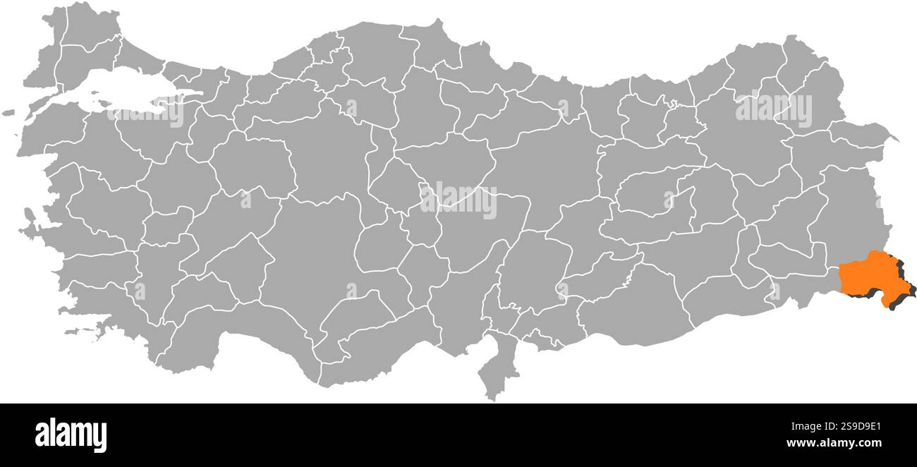 Map of Turkey with the provinces, Hakkari is highlighted by orange ...