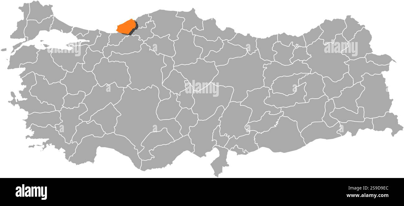 Map of Turkey with the provinces, Zonguldak is highlighted by orange ...