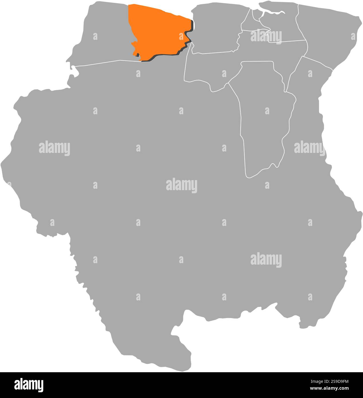Map of Suriname with the provinces, Coronie is highlighted by orange ...
