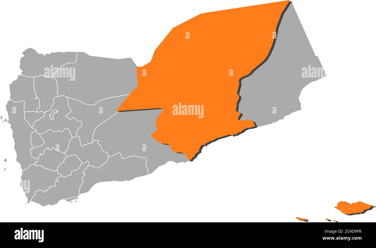 Map of Yemen with the provinces, Hadhramaut is highlighted by orange ...