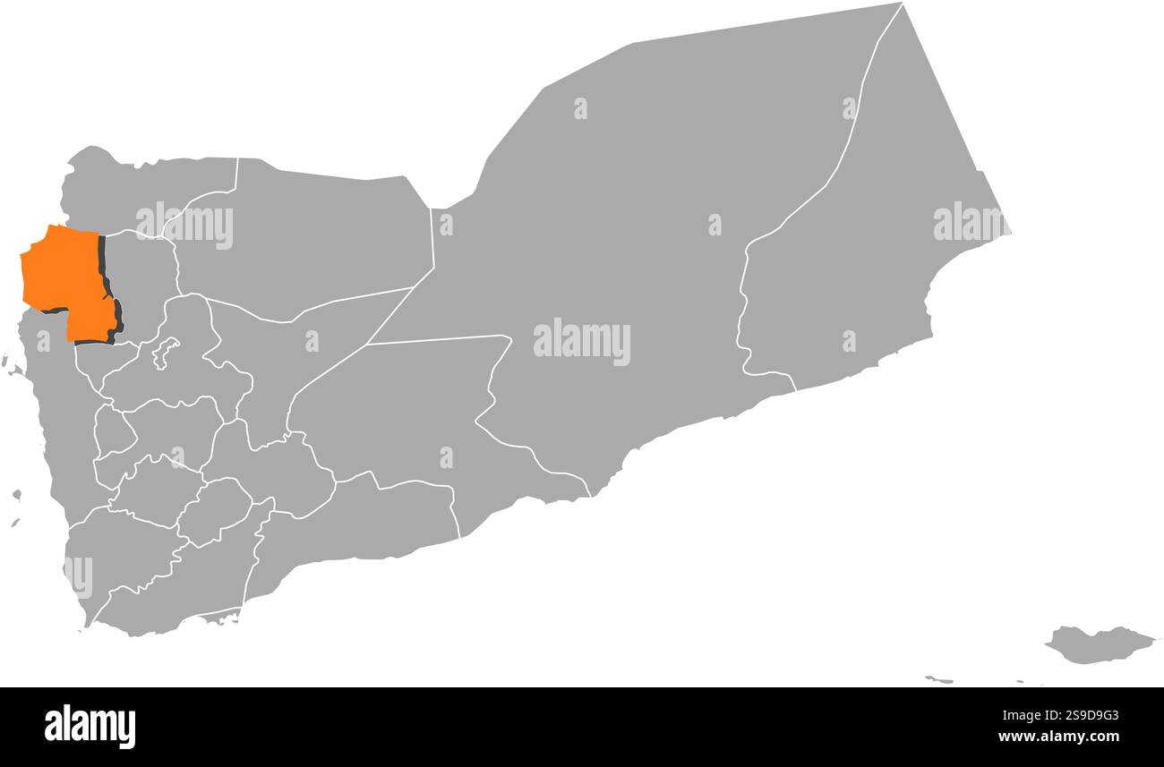 Map of Yemen with the provinces, Hajjah is highlighted by orange Stock ...