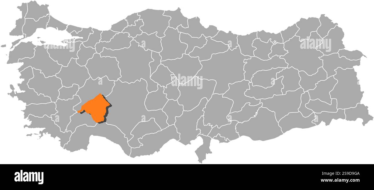 Map of Turkey with the provinces, Isparta is highlighted by orange ...