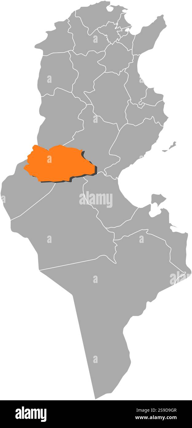 Map of Tunisia with the provinces, Gafsa is highlighted by orange Stock ...
