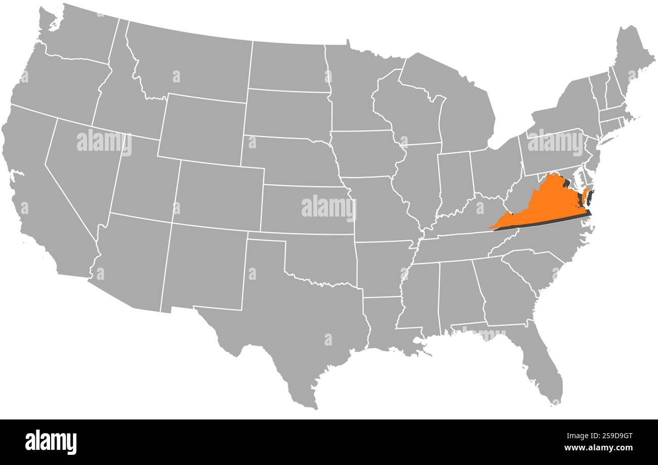 Map of United States with the provinces, Virginia is highlighted by ...