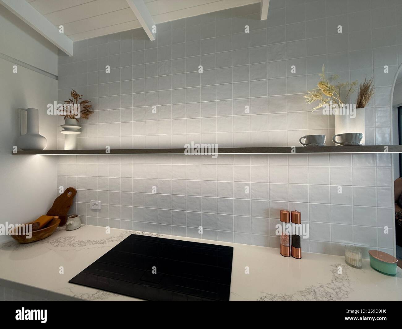 Contemporary Minimalist Kitchen Benchtop with Elegant Lighting Stock ...