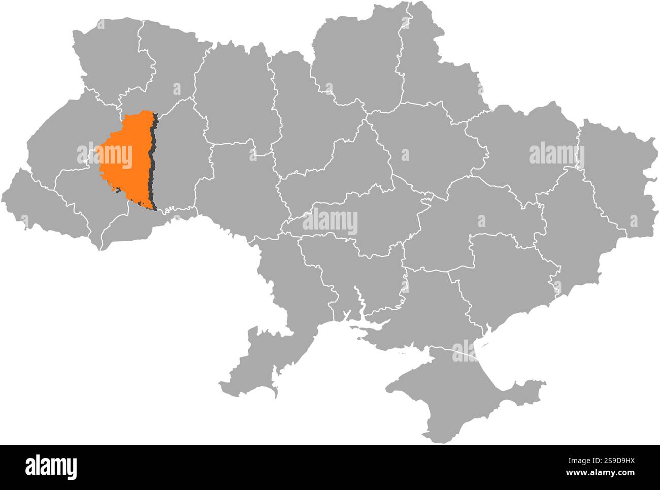Map of Ukraine with the provinces, Ternopil is highlighted by orange ...