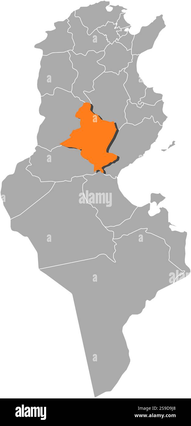 Map of Tunisia with the provinces, Sidi Bouzid is highlighted by orange ...