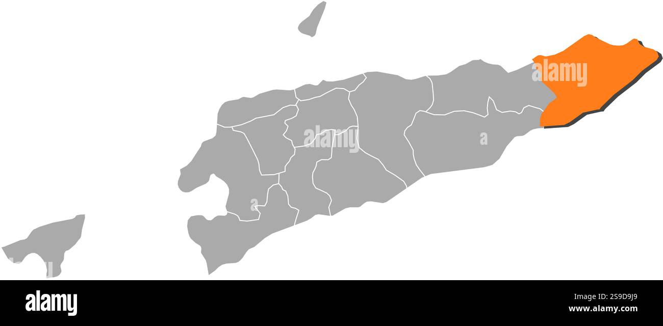 Map of East Timor with the provinces, Lautem is highlighted by orange ...