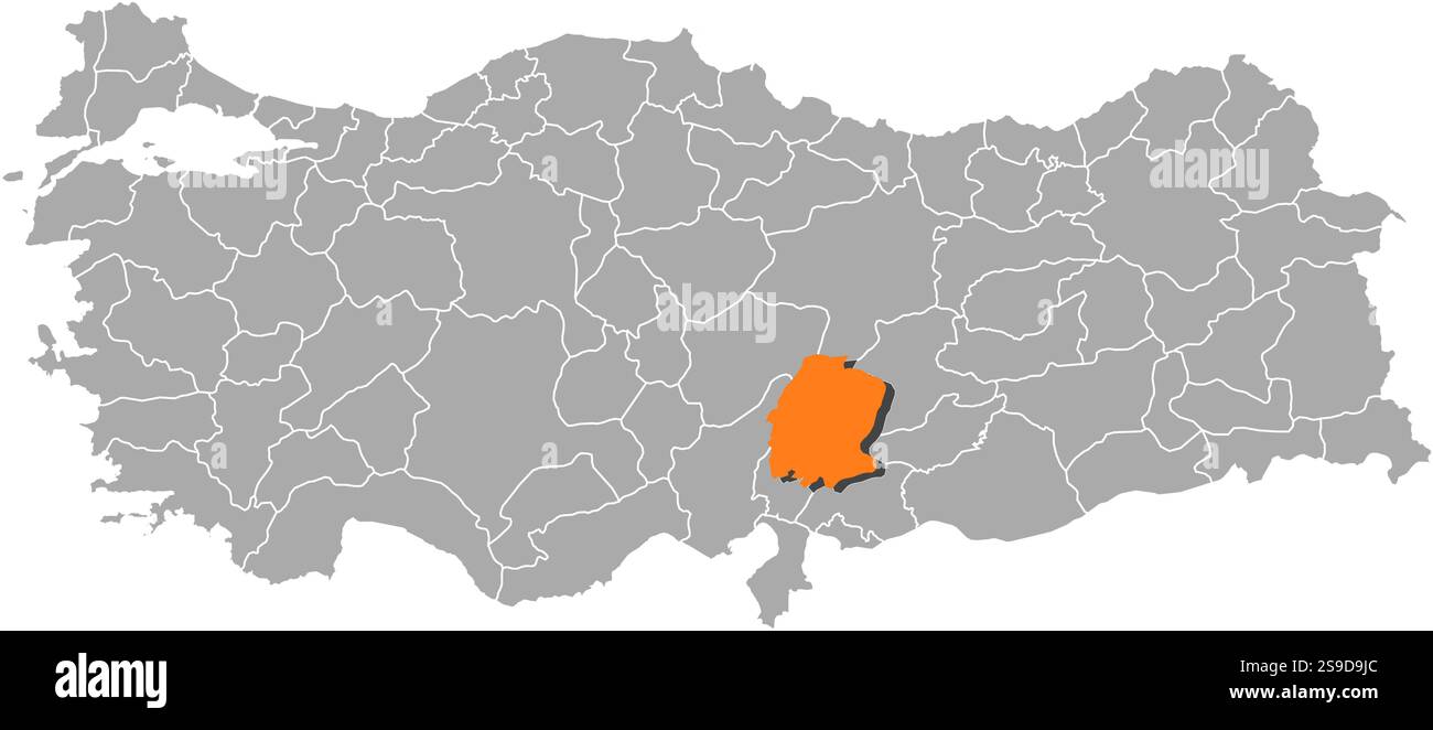 Map of Turkey with the provinces, Kahramanmaras is highlighted by ...