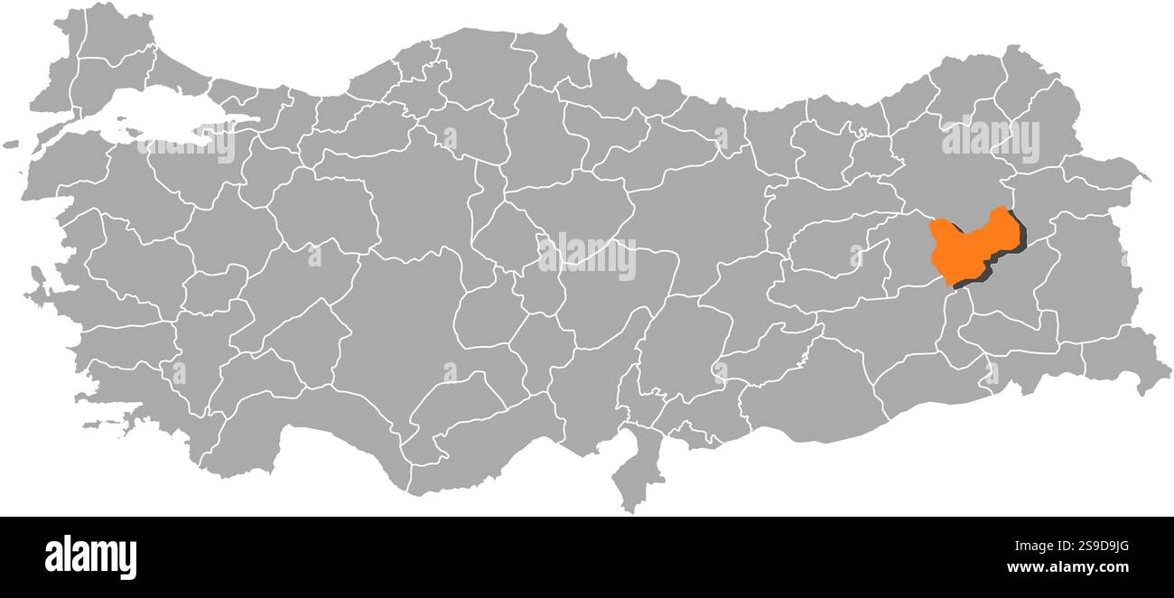 Map of Turkey with the provinces, Mus is highlighted by orange Stock ...