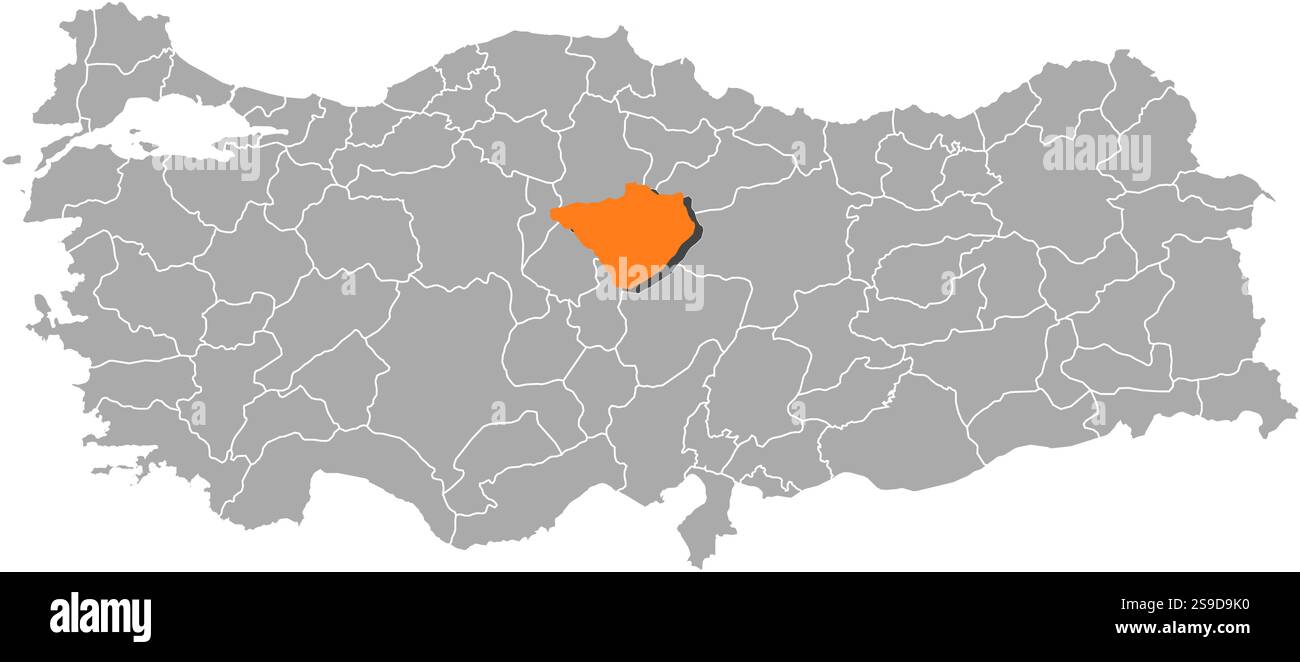 Map of Turkey with the provinces, Yozgat is highlighted by orange Stock ...