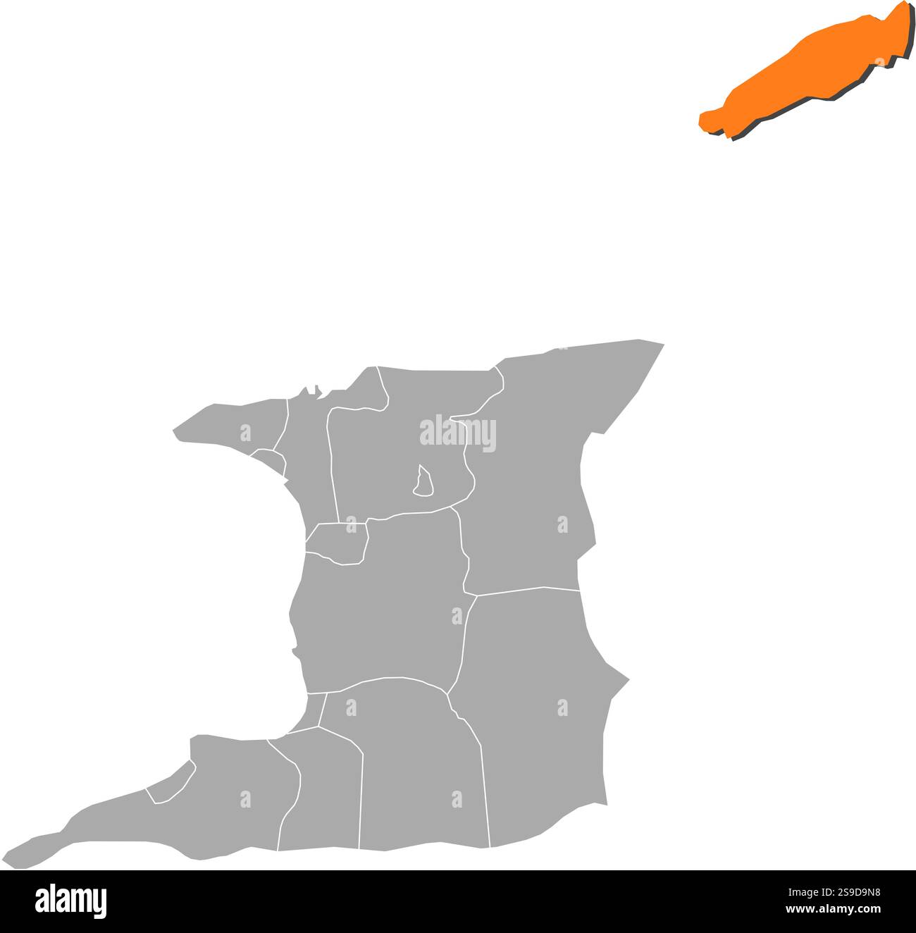 Map of Trinidad and Tobago with the provinces, Tobago is highlighted by ...