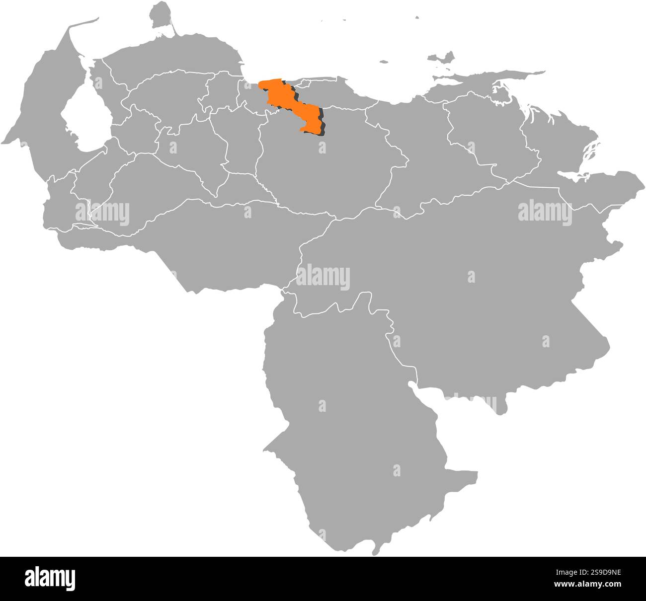 Map of Venezuela with the provinces, Aragua is highlighted by orange ...
