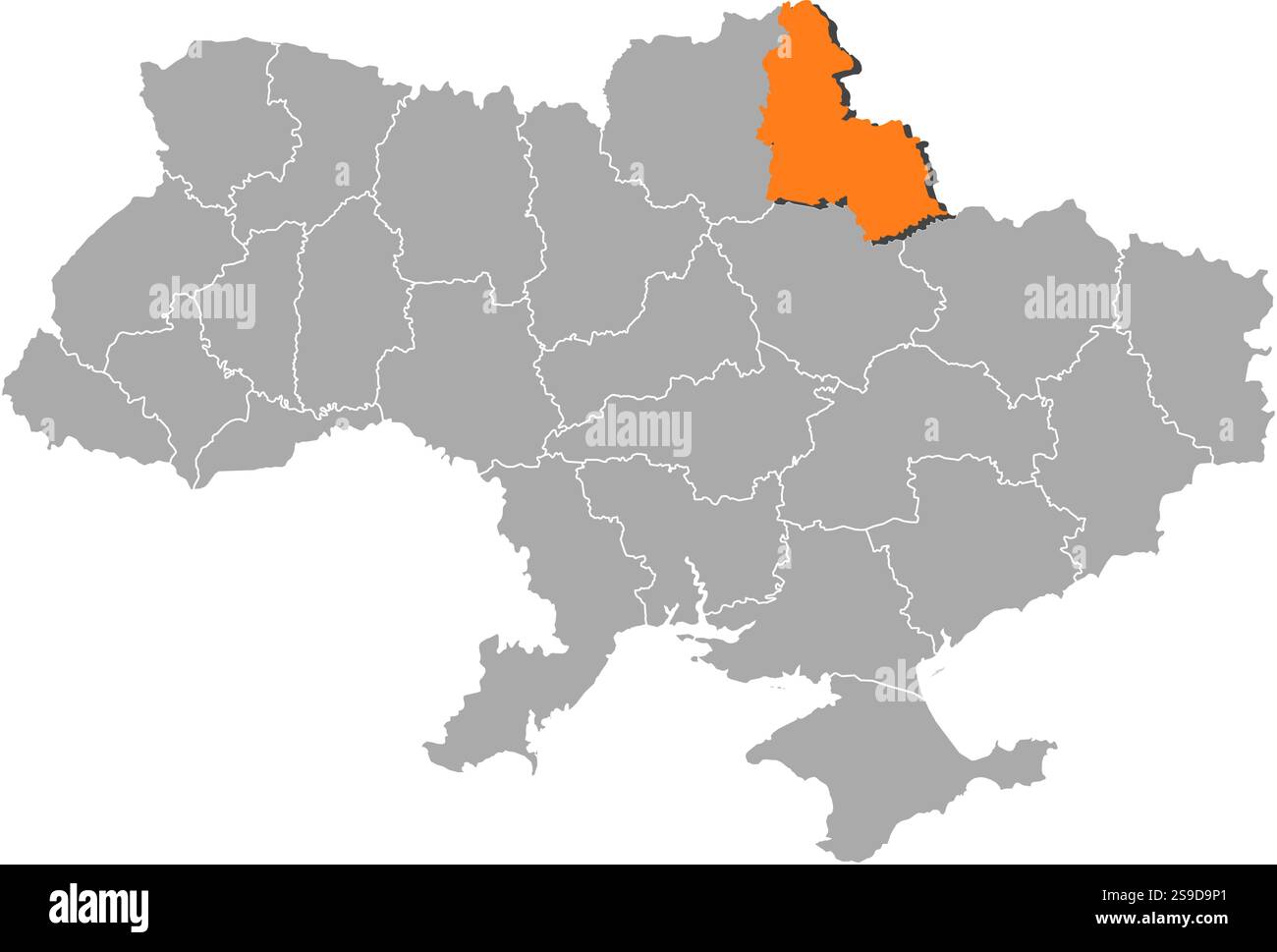 Map of Ukraine with the provinces, Sumy is highlighted by orange Stock ...