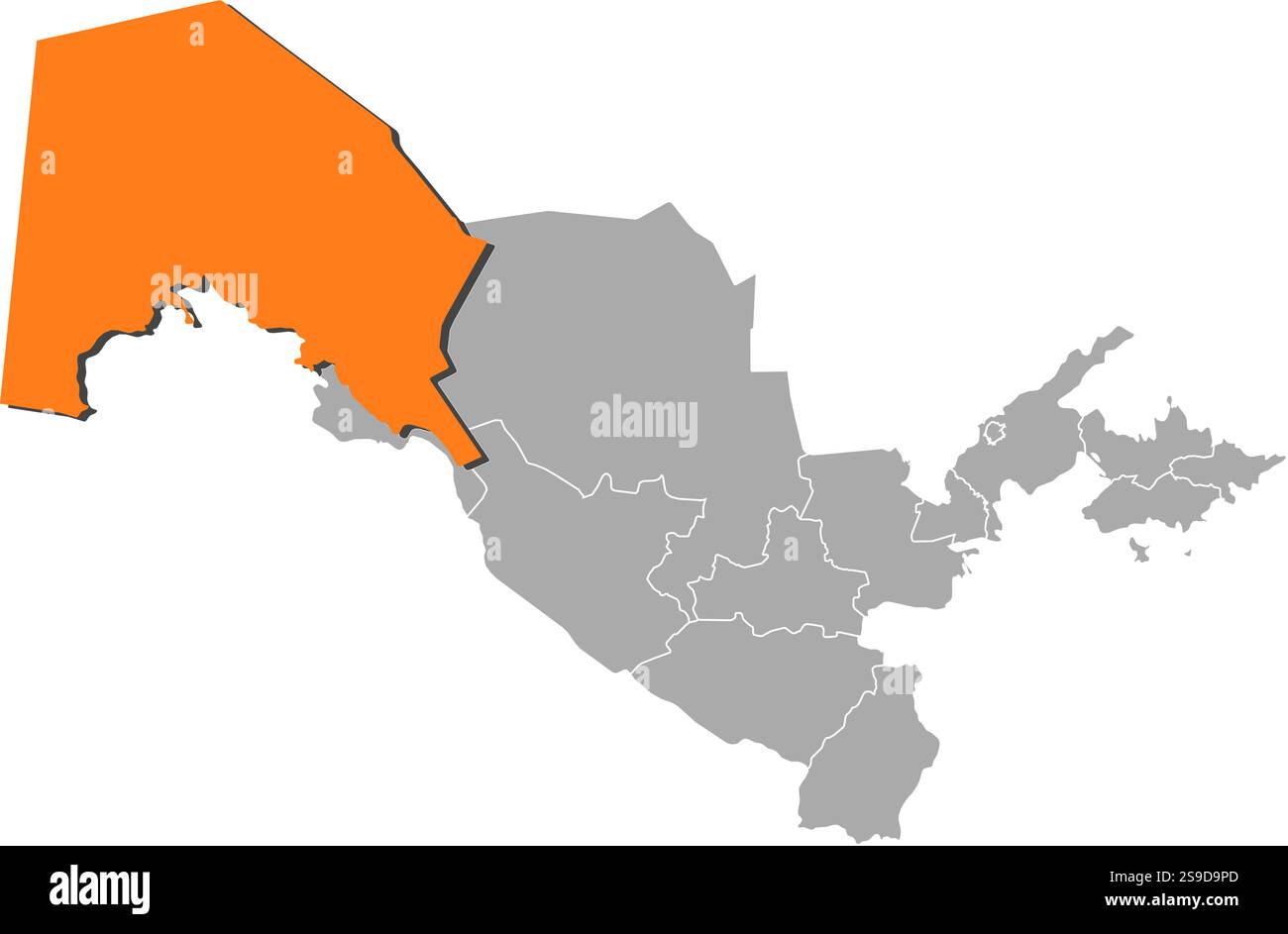 Map of Uzbekistan with the provinces, Karakalpakstan is highlighted by ...